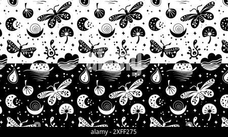 Seamless neo folk patterns set with butterfly, moth and flowers, black ...