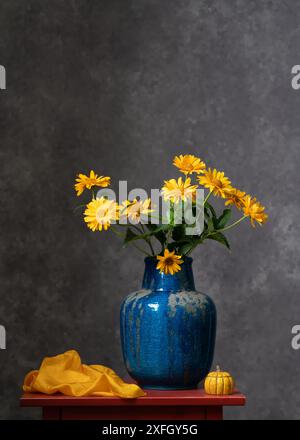 Bouquet of summer herbs on a gray-blue background. Natural bouquet as a ...