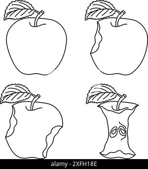 Apple eating steps cartoon icon set. Stages of biting red ripe apple ...