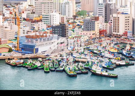 Top view of ships parked at Busan Harbor in South Korea. Scenic Yeongdo ...