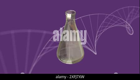 Image of floating chemistry flasks over dna chains on purple background ...