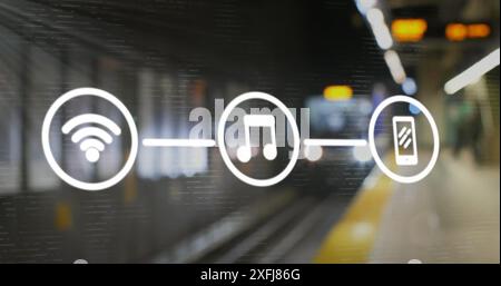 Image of three digital icons floating over landscape Stock Photo - Alamy