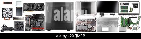 Top view of computer parts and components on white background with copy ...