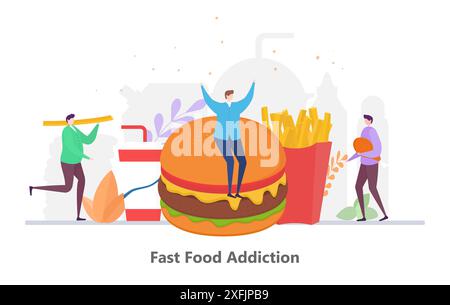Fast food addiction concept. Unhealthy nutrition conception. Fat man ...