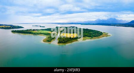 Aerial view of Ludwig island in Eibsee lake, Zugspitze region, Garmisch ...