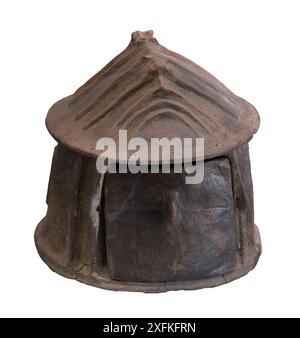 Funerary urn in the shape of hut, decorated with bas-relief, artifact ...