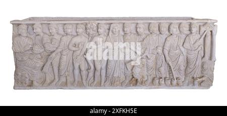 Front of sarcophagus with continuous frieze with scenes of miracles ...