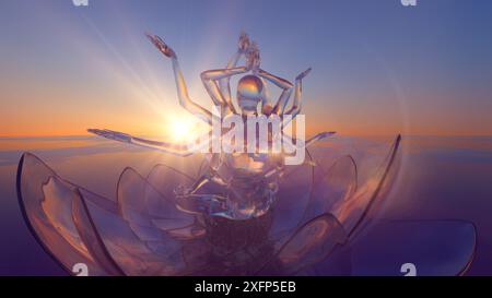 3d illustration of a translucent multi-armed goddess sitting against ...