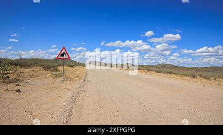 Sign Elephants crossing a gravel track near Palmwag in Namibia Stock ...