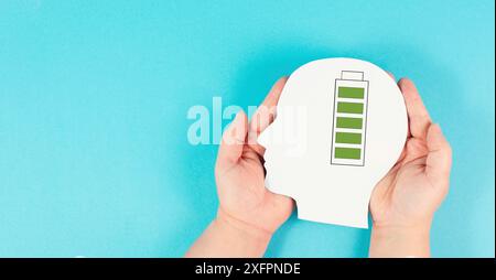 Full loaded battery, positive thinking and mental health concept, brain ...