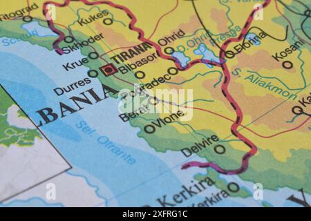Tirana map. Close up of Tirana map with red pin. Map with red pin point ...