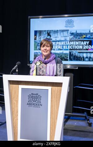 SNP's Kirsty Blackman, gives a victory speech after being declared the ...