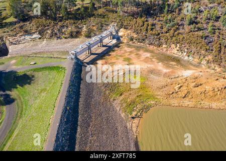 Aerial view of the wier gates of a dry reservoir at Malmsbury in ...