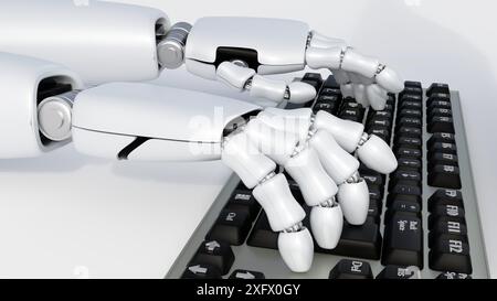 3d rendering of a robotic hand with articulated fingers swiftly types ...