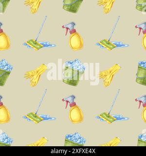 Seamless pattern with buckets, gloves, and spray bottles in watercolor ...