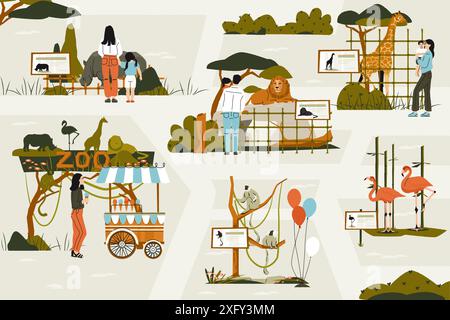 Cartoon zoo with visitors and safari animals. Happy families with kids ...