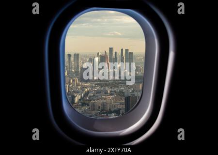View from the window of the Moscow city towers at sunset Stock Photo ...