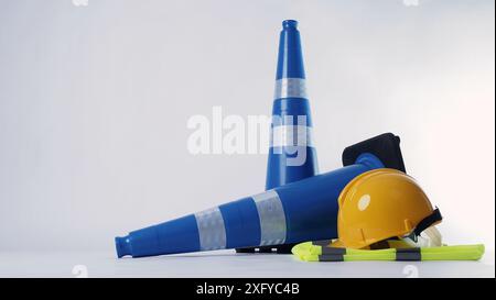 Road traffic safety equipment. Realistic blue traffic cones and yellow ...