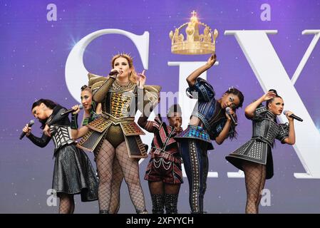 Cast of the musical SIX performing at West End Live 2024, in Trafalgar ...