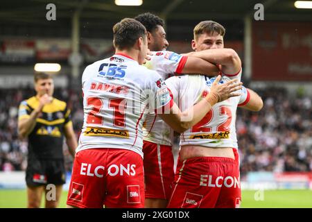 Sam Royle of St. Helenscelebrates his try during the Betfred Super ...