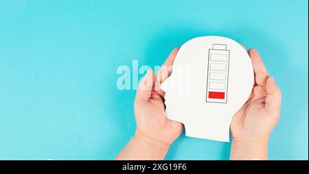 Head with empty battery, burnout syndrome, stress and exhaustion, work ...