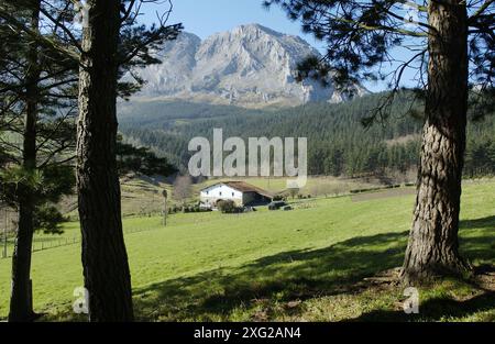 Mount Amboto and ´caserío´ (typical country farm) at Parque Natural de ...