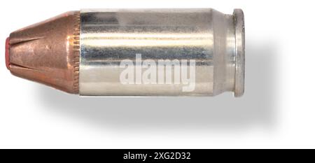 Copper bullet with red polymer tip on a cartridge designed for a 380 ...