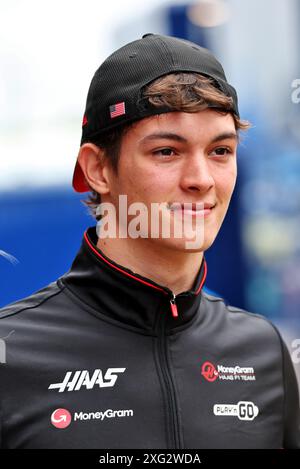 Haas driver Oliver Bearman of Britain, left and Haas driver Esteban Ocon of France attend the F1 ...