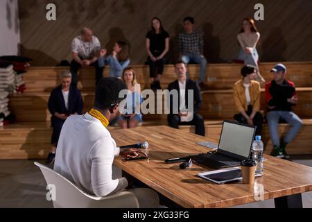 african american lecturer professor is preparing for lesson, lecture ...