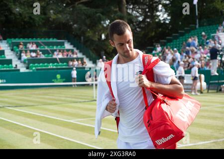 Laslo Djere, a Serbian tennis player, during a match at the Hong Kong ...