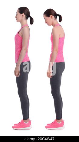 Good posture and bad posture of a woman, side view Stock Photo - Alamy