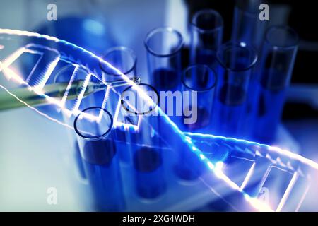 Illustration of DNA and test tubes with samples, double exposure Stock ...