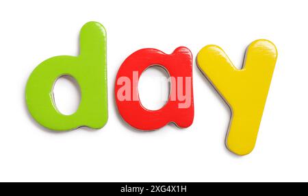 Alphabet. Word Day of magnetic letters isolated on white, top view ...