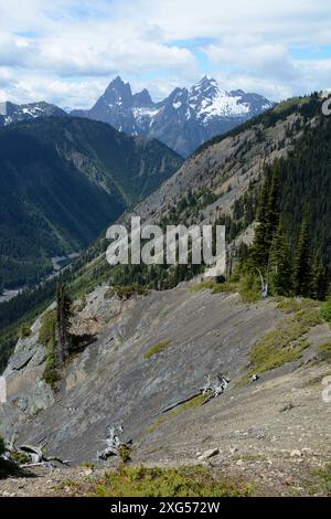 The rocky peaks of Hozomeen Mountain, as seen from Canada side of the ...