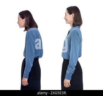 Comparison of bad and good posture. Woman slouching and straightening ...