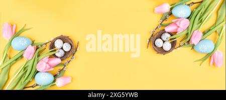 Nest with small eggs and pink tulips on a purple colored background ...