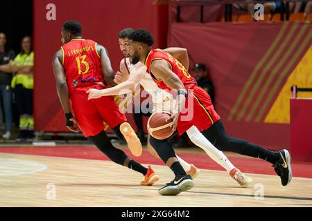 Valencia, Spain. 03rd July, 2024. Buddy Hield (L) and V.J. Edgecombe (R ...