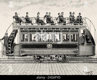 Overview of a electric tram. Old 19th century engraved illustration ...