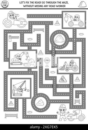 Construction site black and white geometrical mazes for kids with ...