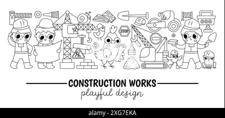 Building or construction works, builders and engineers with equipment ...