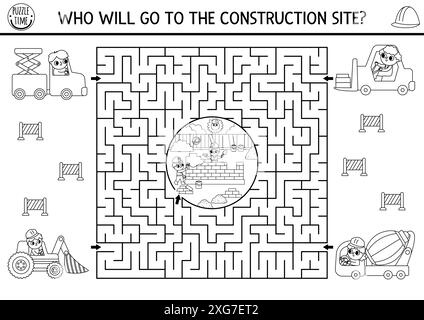 Construction site black and white geometrical maze for kids with road ...