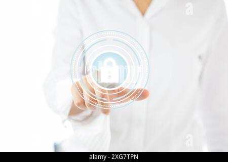 Woman touching a personal data security concept on a touch screen with ...