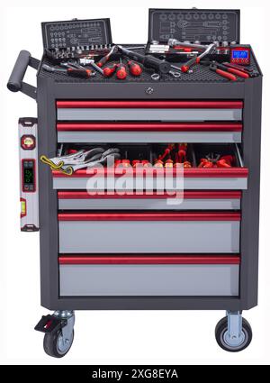 red & grey tool trolley on wheels with equipment Stock Photo - Alamy