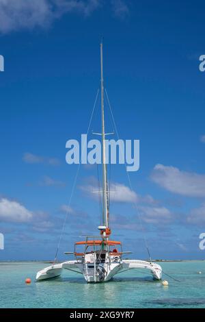 Catamaran at anchor, Tikehau, Atoll, Tuamotu Archipelago, Tuherahera ...