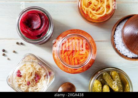 Probiotic foods. Fermented food. Canned sour cabbage, carrot, pickles ...