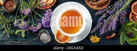 Organic tea panorama, overhead flat lay shot. Herbs, flowers and fruit ...