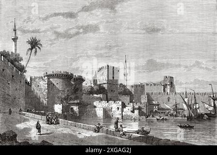 View of the harbour of Rhodes and the gates of Aubusson, Greece ...