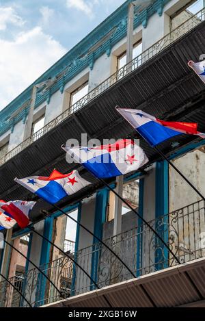 Panama flags on a balcony in a street in Casco Viejo, the old city ...