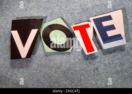 The Word "VOTE" using cut-out paper letters in the ransom note effect ...