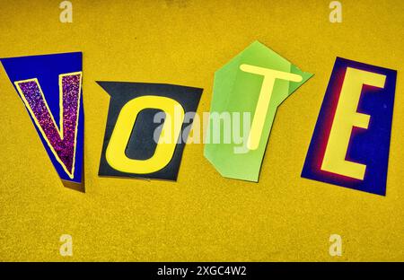 The Word "VOTE" using cut-out paper letters in the ransom note effect ...